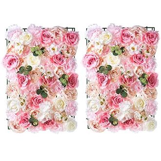 Nuptio 2 Pi&egrave;ces Panneau Mural Fleurs 60cm X 40cm Blanc Rose Faux Roses Fleur Artificielle Toile Fond Floral, Toile Fond Mur Fleurs pour la F&ecirc;te Mariage Douch