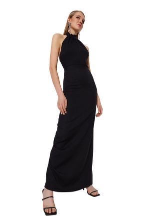 Trendyol Damen Women Fitted Knit Evening Dress Maxi Shift Tailliertes Strick-Abendkleid, Schwarz, 38