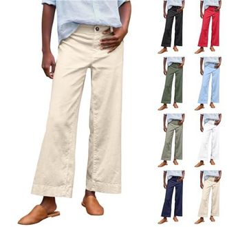 Generic Pantalon court en lin &agrave; jambes larges pour femme - Taille haute - Pantalon court d&eacute;t&eacute; d&eacute;contract&eacute; avec poches - Pantalon court &agrave; jambe large pour femm