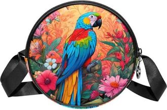 Generic Petit sac &agrave; bandouli&egrave;re rond pour femme, motif perroquet avec fermeture &eacute;clair, bretelles r&eacute;glables, sac &agrave; main rond d&eacute;contract&eacute; pour femmes et filles
