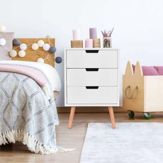 Costway Beistelltisch aus Holz, Nachttisch mit Stauraum, Nachtschrank weiss, Nachtkonsole, Sofatisch, Nachtkommode fuer Schlafzimmer, Wohnzimmer 3 Schubladen