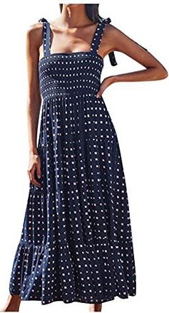 Generic Robe d&eacute;t&eacute; longue &agrave; volants pour femme - Style boh&egrave;me - Motif floral, bleu marine, M