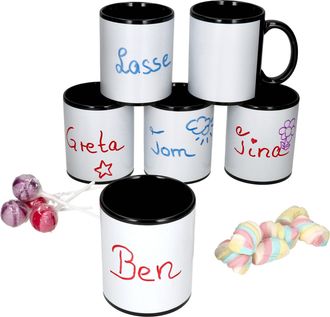 MamboCat Carina 6er Set Mehrwegbecher schwarz I 300 ml I zum Beschriften & Bemalen I Porzellan-Kaffeebecher mit Henkel für 6 Personen I Tassen für Heißgetränke