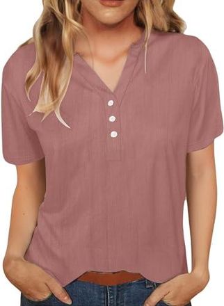 Generic IQYU Chemisier en mousseline surdimensionn&eacute; pour femme - Grandes tailles - Manches courtes - Col en V - Chemise en lin - Couleur unie - Haut d&eacute;t&eacute; en l