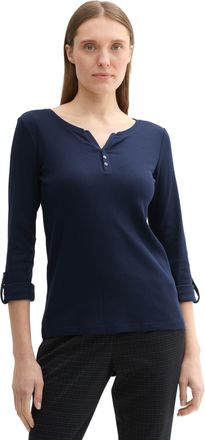 Tom Tailor Damen Henley Longsleeve mit Streifen aus Bio-Baumwolle, 10668 - Sky Captain Blue, XXL