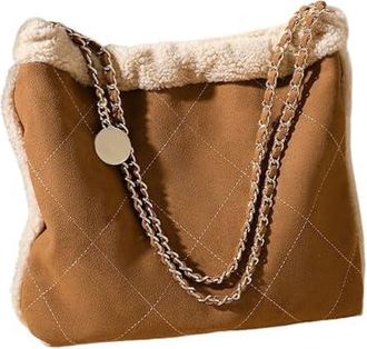 Generic Grand sac &agrave; bandouli&egrave;re d&eacute;contract&eacute; pour femme en fausse peluche matelass&eacute;e en fil argyle avec sangle de cha&icirc;ne, camel, Taille unique