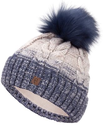 Faera Winterm&uuml;tze M&uuml;tze Damen warm gef&uuml;ttert mit Kunstfell Bommel-M&uuml;tze Fleecefutter Winter Strickm&uuml;tze Beanie, Farbe:Jeansblau