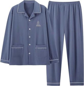 Generico Pyjama long pour homme en coton avec boutons, haut et pantalon de pyjama à carreaux, gris, XXXXL