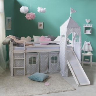 Homestyle4u Hochbett 90x200 Weiß mit Lattenrost Vorhang Rutsche Turm Kiefernholz massiv Bett Kinderbett Rausfallschutz