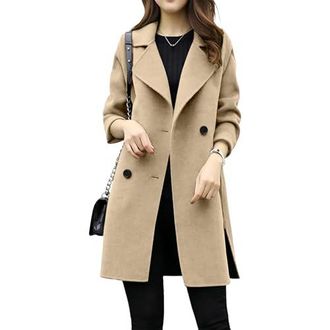 Generic Manteau caban long crois&eacute; pour femme, col &agrave; revers, coupe ajust&eacute;e, style trench, kaki, taille XXL