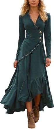 Generico Robe mi-longue avec encolure en V et ourlet &agrave; volants, tunique dhiver d&eacute;contract&eacute;e et &eacute;lastique r&eacute;tro pour femme, Vert fonc&eacute;, XX-Large