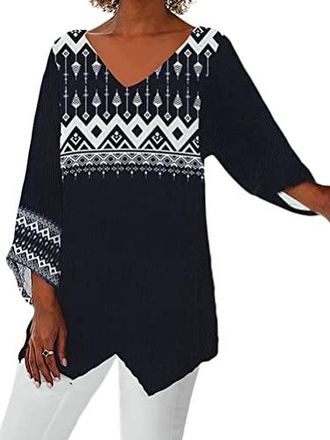 Onsoyours Femme Tunique À 3/4 Manches Longues Chemise Élégant Imprimée Blouses Casual Vintage Ample Swing T-Shirt Grande Taille Comfortable Chemisier Hauts Pull