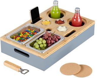 Relaxdays Couchbar, Bambus, 2X Edelstahlschale, Getr&auml;nke- & Weinglashalter, 3X Dipschalen, Couchorganizer, grau/Natur