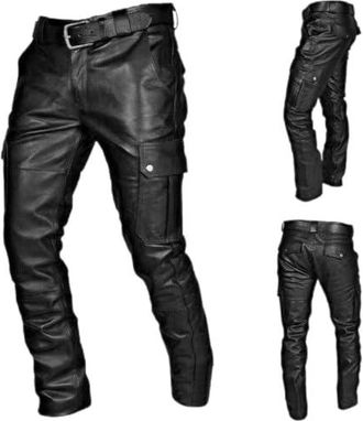 Generic Pantalon en cuir synth&eacute;tique pour homme avec plusieurs poches, pantalon cargo punk en cuir synth&eacute;tique, pantalon r&eacute;tro, gothique, coupe ajust&eacute;e, panta
