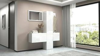 Dmora Eingangsmöbel Vernante, Multifunktionsschrank mit 3 Türen, Wandgarderobe mit Spiegel, 170x35h190 cm, Weiß
