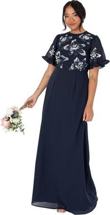 Maya Womens Maxi Dress Ladies Short Angel Sleeve Round Neck Floral Sequin Embellished A-Line for Wedding Guest Ball Gown Robe, Navy Blue, 56 Femme