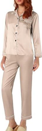 Generic Pyjama en satin de soie pour femme - Ensemble de pyjama en satin noir pour femme - Ensemble de pyjama soyeux long &agrave; boutons - Ensemble de pyjama soyeu