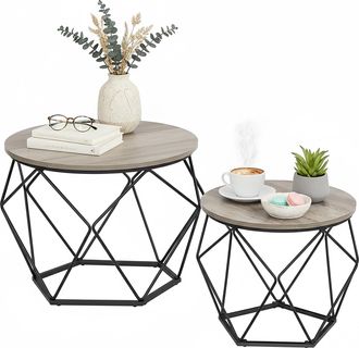 Relaxdays Couchtisch, 2er Set, Holzoptik & Metall, Vintage-Design, runde Beistelltische, Wohnzimmer, grau/schwarz