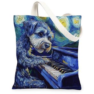 Generic Sac fourre-tout en toile motif chien Schnauzer 33 x 38,1 cm, motif piano &eacute;toil&eacute;, sac d&eacute;picerie r&eacute;utilisable pour femme, animal de compagnie, chiot, pe