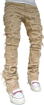 Generic Jean Homme &agrave; Jambes empil&eacute;es Style ann&eacute;es 2000, Coupe Slim, d&eacute;chir&eacute;, Effet us&eacute;, Style Streetwear Hip hop, Kaki, Taille XL