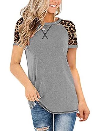 Generic Andongnywell Womens Casual Leopard Print Crew Neck Patchwork Short Sleeve Tops T-Shirts Cheetah Printed T-Shirt