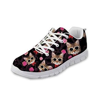 Coloranimal Baskets de Course pour Femmes Mignon Animal Animal Chat Puzzle à Lacets Appartements Gym Sport Aller Facile Route Chaussures de Course Falt Chaussures