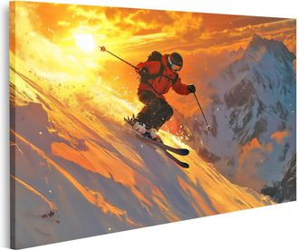 Islandburner Bild auf Leinwand Skifahrer im Sonnenuntergang auf verschneiten Bergen Bilder Wandbilder Poster