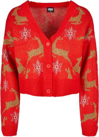Urban Classics Strickjacke f&uuml;r Damen - weihnachtliches Design Lang&auml;rmlig (Rot/Gold)