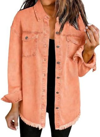 Generic Veste d&eacute;contract&eacute;e en jean &agrave; manches longues pour femme avec ourlet effiloch&eacute;, Orange, XXL