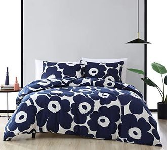 Marimekko Kingsize-Bettbezug-Set, Baumwoll-Bettw&auml;sche mit passenden Kissenbez&uuml;gen und Knopfverschluss, Ganzjahresdekoration (Unikko Indigo, King-Size)