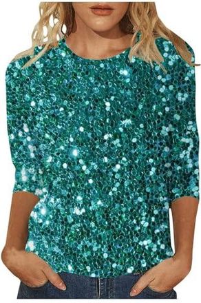 Generic T-Shirt Femme D&eacute;contract&eacute; &agrave; Manches Trois-Quarts avec Col Rond et D&eacute;licat Imprim&eacute; &agrave; Paillettes pour Un Style &Eacute;l&eacute;gant et Confortable (Mint Green, XXXL)