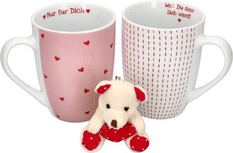MamboCat Nina 2er Set Kaffeebecher rosa + 1x B&auml;rchen-Schl&uuml;sselanh&auml;nger 200ml I, Hochzeit, Jahrestag I 2 Personen I Porzellan-Tassen f&uuml;r Hei&szlig;getr&auml;nke I Tee-P&ouml;tt