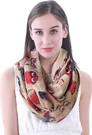 Lina & Lily Foulard Tube Femme Imprimé Hiboux, Écharpe Snood en Tissu Léger (Beige)
