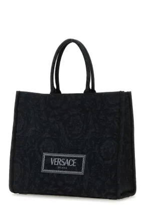 Versace Womens Embroidered Fabric Big Athena Shopping Bag Blackblackversacegold Borse A Mano