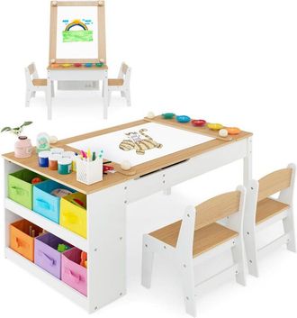 Costway Costway - 2 en 1 Table &agrave; Dessin et 2 Chaises Enfants avec Plateau Inclinable, Table dActivit&eacute; en Bois avec 6 Bo&icirc;tes de Rangement & Rouleau de