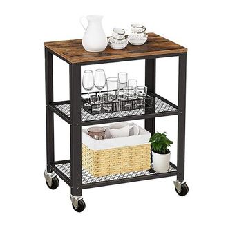 Relaxdays K&uuml;chenwagen, 3 Ebenen, Holzoptik, Rollwagen K&uuml;che, Haushalt & B&uuml;ro, HBT: 77,5x60x40 cm, Metall, braun-schwarz