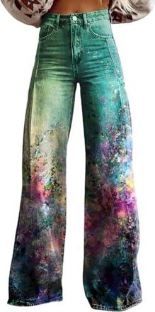 Generic Jean évasé pour femme avec poches - Imprimé floral vintage - Taille haute - Pantalon ample - Imprimé, 23, 4XL
