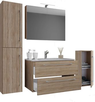 VCM 5-TLG. Set | 1 Waschtisch mit Zwei Schubladen, 1 Spiegelschrank, 1 Waschbecken, 1 Midischrank, 1 Hochschrank | Keramik Waschbecken | h&auml;ngend Unterschr