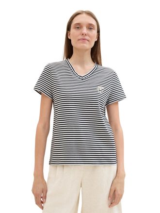Tom Tailor Damen Basic T-Shirt mit Stickerei, black offwhite stripe, S