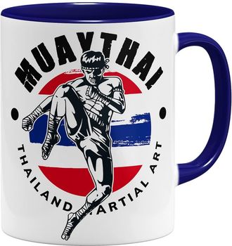 OM3 Muay-Thai Fighter Tasse Tailand Martial Arts Fight Boxing Club - Keramik Becher - 11oz 325ml - Beidseitig Bedruckt - Dunkelblau