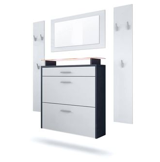Vladon Garderobe Malea, Garderobenset bestehend aus 1 Hängeschuhschrank, 1 Wandspiegel und 2 Garderobenpaneele, Anthrazit matt/Weiß matt, inkl. LED-Beleuchtu