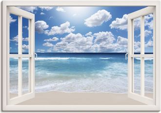 Artland Wanddeko Leinwand Bilder Wandbild 100x70 cm Fensterblick Fenster Strand Meer Maritim Karibik S&uuml;dsee Urlaub Sommer T5UQ