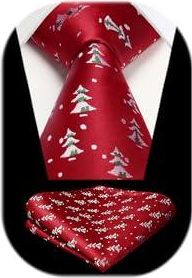 Hisdern Cravate Rouge Noel Homme Soie Ensemble Cravate et Mouchoir Cadeaux de Noël