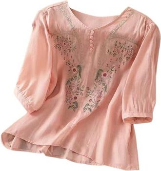 Generic Chemisier brod&eacute; boh&egrave;me en lin pour femme - Col rond - Motif floral - Tunique d&eacute;t&eacute; indienne &agrave; volants sur le devant pour femmes &acirc;g&eacute;es - Coupe ample - G