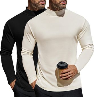 Ekouaer 2Pack Herren Langarmshirt Thermounterw&auml;sche Thermo Oberteil Longsleeve Thermoshirt Warm mit Innenfleece Schwarz+Wei&szlig; XXXL