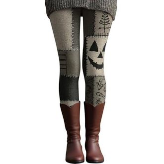 Generic Leggings dhiver chauds pour femme - Style r&eacute;tro - Patchwork - Motif chat noir citrouille t&ecirc;te de mort - Collants extensibles pour tenues gothiques et 