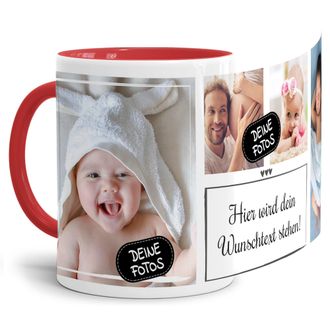 Tassendruck Foto-Tasse selbst gestalten mit Text & Collage f&uuml;r 4 Fotos - Geschenk f&uuml;r Familie, Freunde, Geburtstag, Weihnachten - Keramik Innen & Henkel Rot, 300 