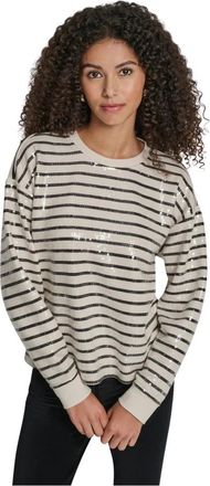 DKNY Dkny, Femme, Tops, Beige, Taille: 36 FR Striped Sequin Sweater