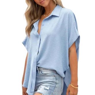 Generic Normaltly Chemise de couleur unie, chemise d&eacute;contract&eacute;e &agrave; manches courtes pour femme, ourlet fendu, haut de couleur unie, v&ecirc;tements tendance &agrave; col en 