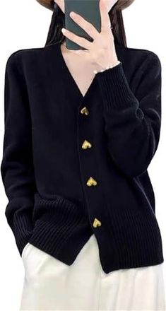 Generic Cardigan en tricot pour femme - Style d&eacute;contract&eacute; - Col en V - Manches longues - Streetwear r&eacute;tro, noir, Taille XS